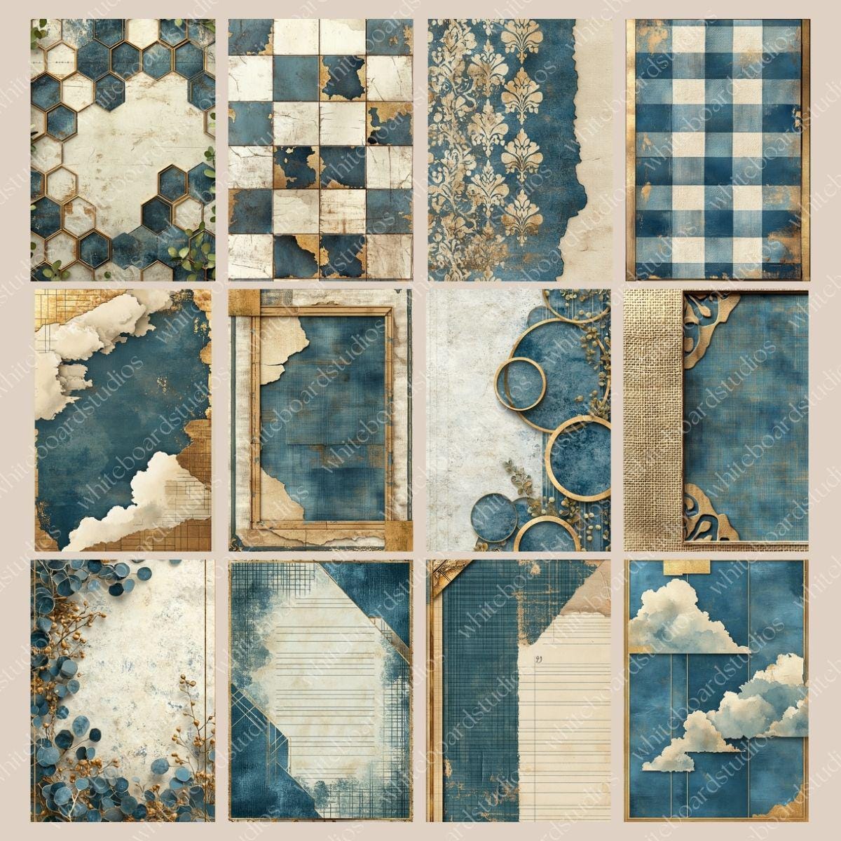 Vintage Blue Gold Junk Journal Filler Paper, Abstract Background Pages ...