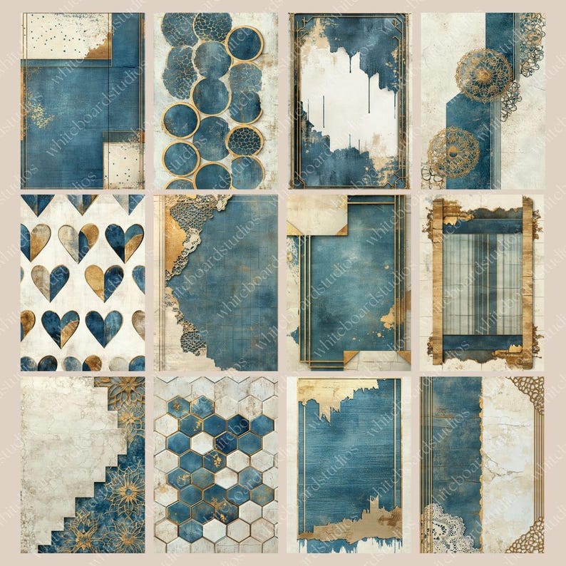 Vintage Blue Gold Junk Journal Filler Paper, Abstract Background Pages ...