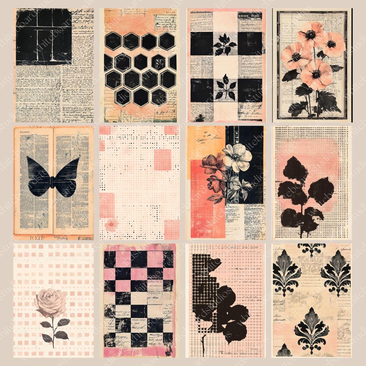 Pastel Black Pink Vintage Filler Junk Journal Scrapbook Paper, Shabby ...