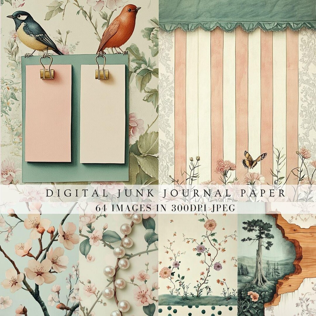 Vintage Junk Journal Filler Floral Mint Botanical Scrapbook Paper ...