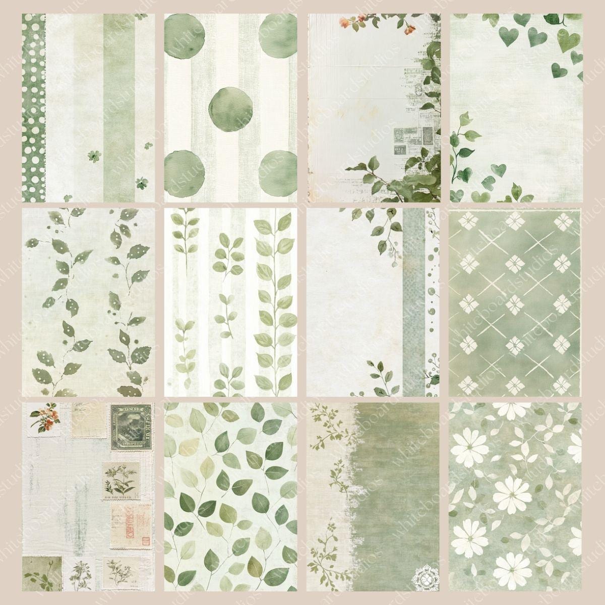 Creamy Sage Green Junk Journal Filler Pages, Abstract, Polka Dots ...