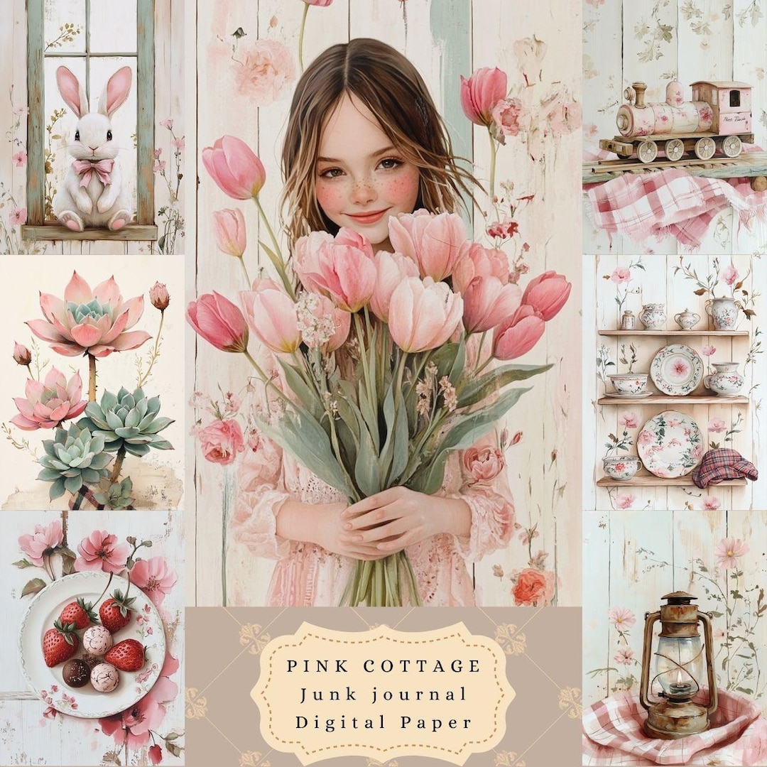 Shabby Pink Cottage Scrapbook Junk Journal Pages, Digital Decoupage ...