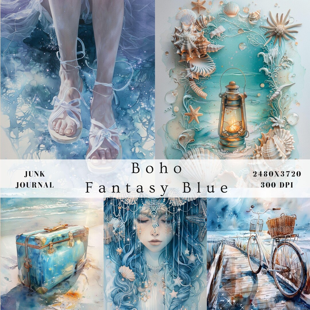 Boho Fantasy Junk Journal, Blue and White Summer Vibe Shabby Chic ...