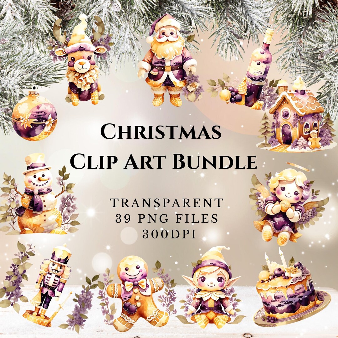 Watercolor Christmas Clipart Bundle, Santa and Friends, Purple ...