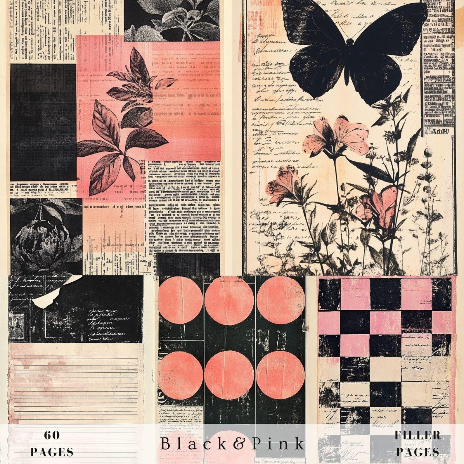 Pastel Black Pink Vintage Filler Junk Journal Scrapbook Paper, Shabby ...