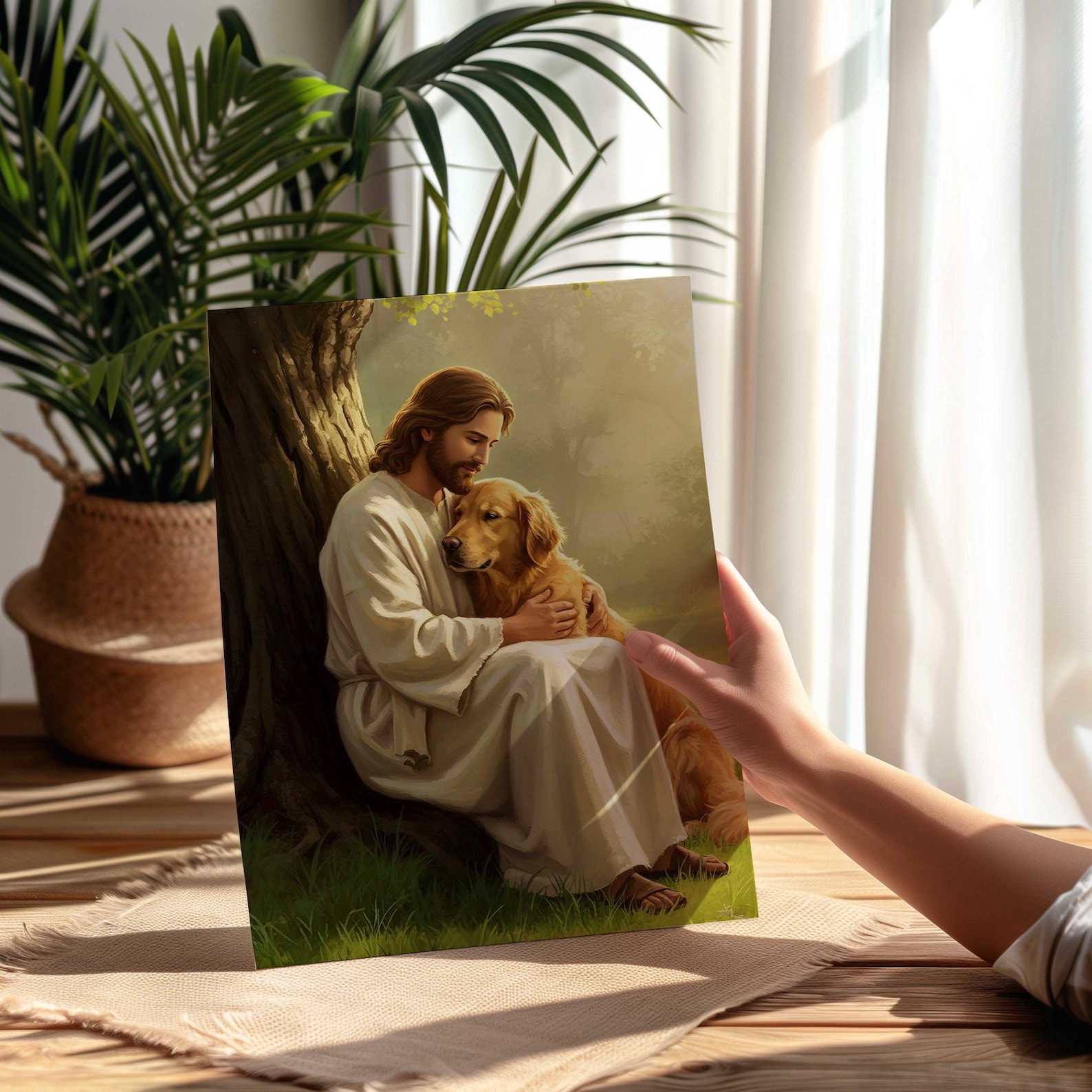 Christian Art, Jesus Hugging Golden Retriever, Jesus Christ With Dog ...