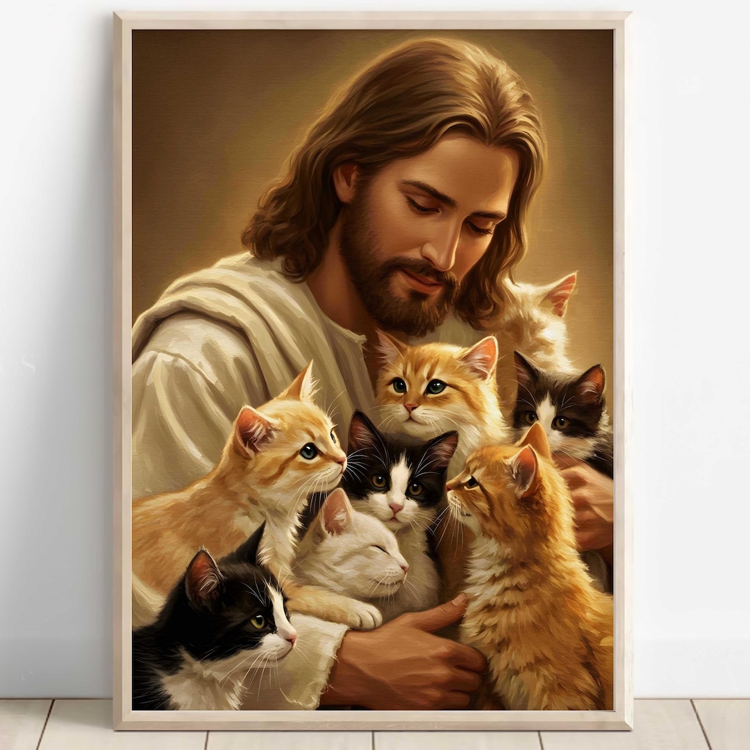 Christian Art, Jesus Hugging Cats, Jesus Christ With Cats, Bible Art ...