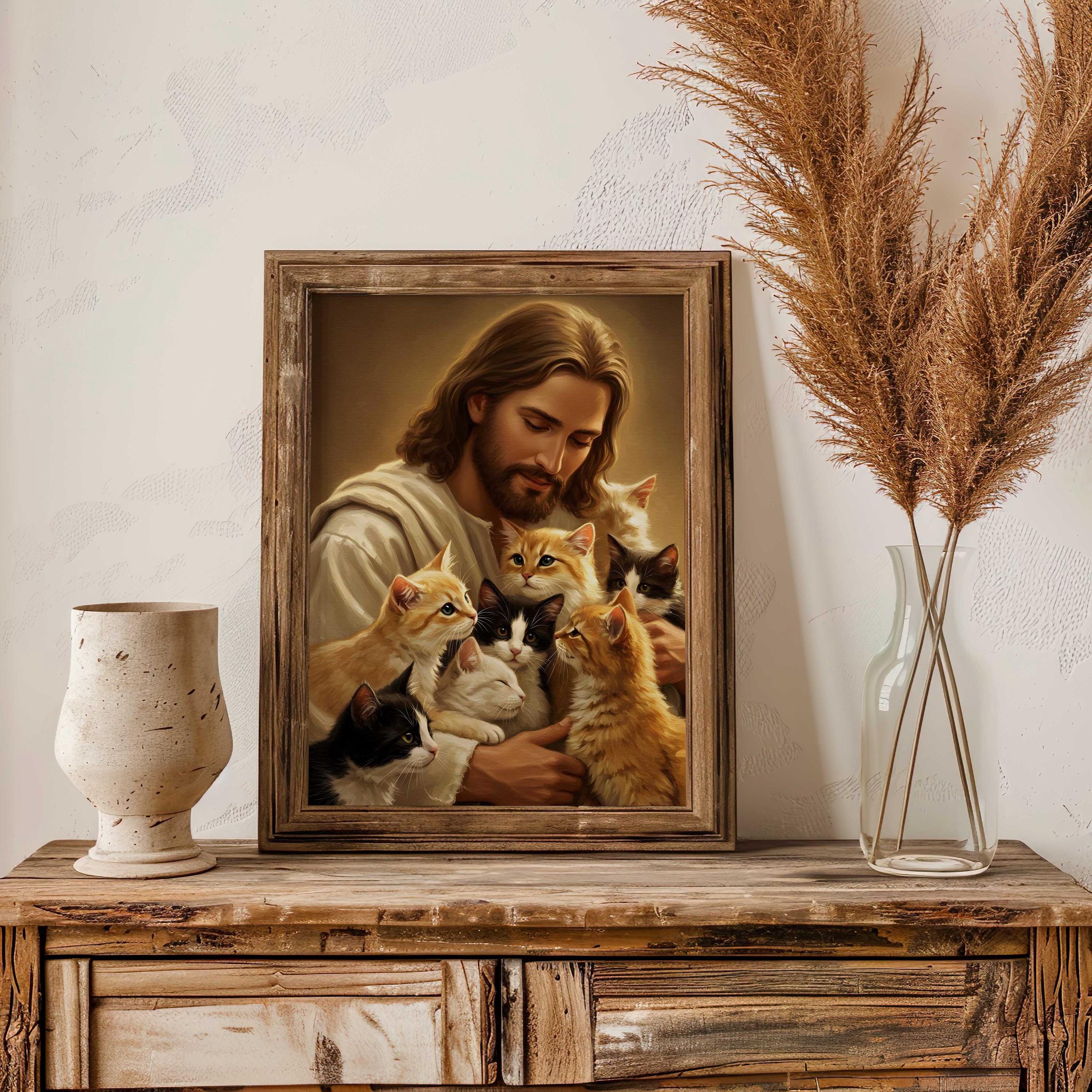 Christian Art, Jesus Hugging Cats, Jesus Christ With Cats, Bible Art ...
