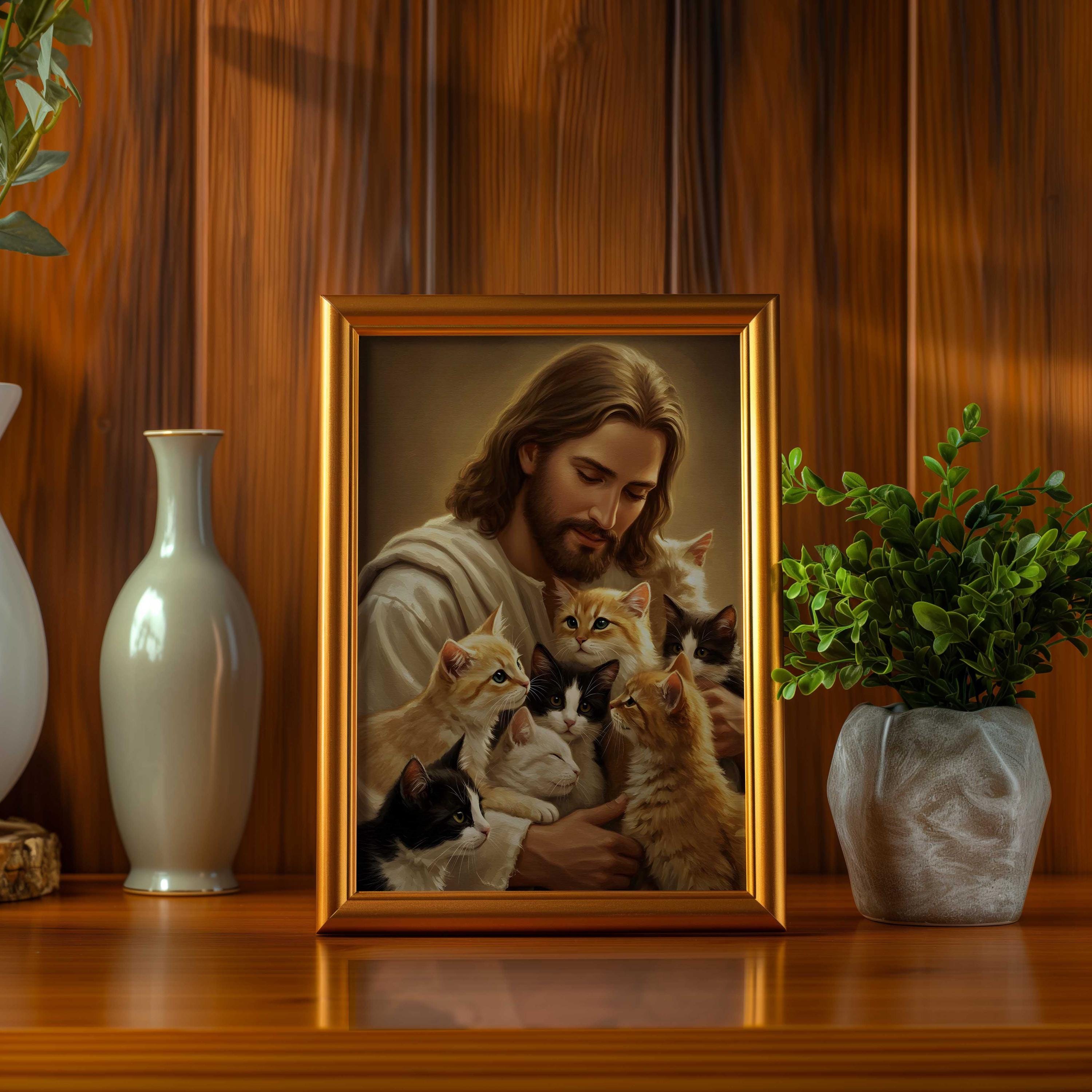 Christian Art, Jesus Hugging Cats, Jesus Christ With Cats, Bible Art ...