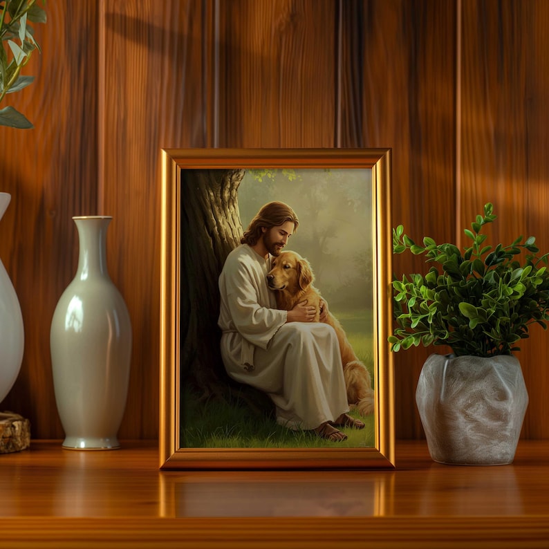 Christian Art, Jesus Hugging Golden Retriever, Jesus Christ With Dog ...