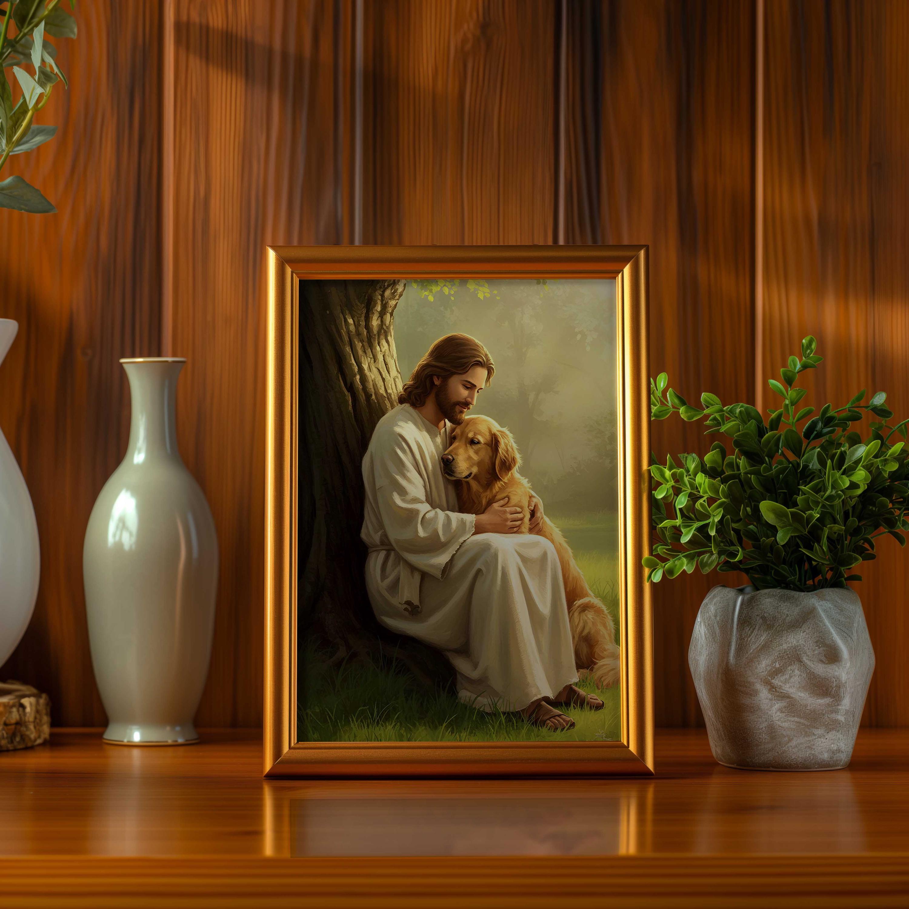 Christian Art, Jesus Hugging Golden Retriever, Jesus Christ With Dog ...
