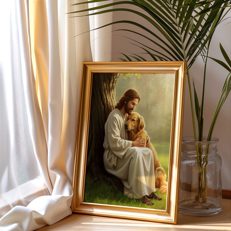 Christian Art, Jesus Hugging Golden Retriever, Jesus Christ With Dog ...
