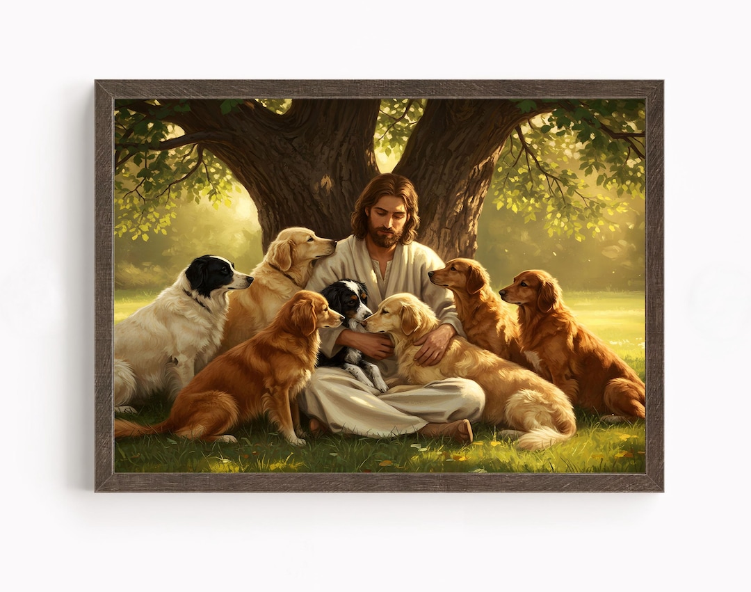 Christian Art, Jesus Hugging Dogs, Jesus Christ With Golden Retrievers ...