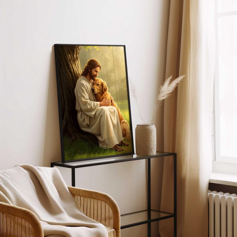 Christian Art, Jesus Hugging Golden Retriever, Jesus Christ With Dog ...