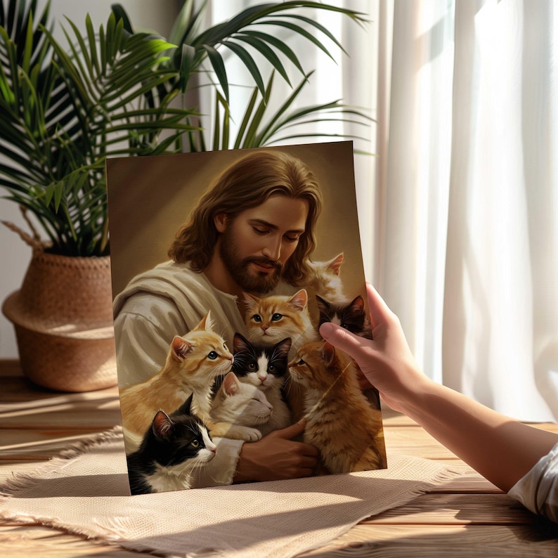 Christian Art, Jesus Hugging Cats, Jesus Christ With Cats, Bible Art ...