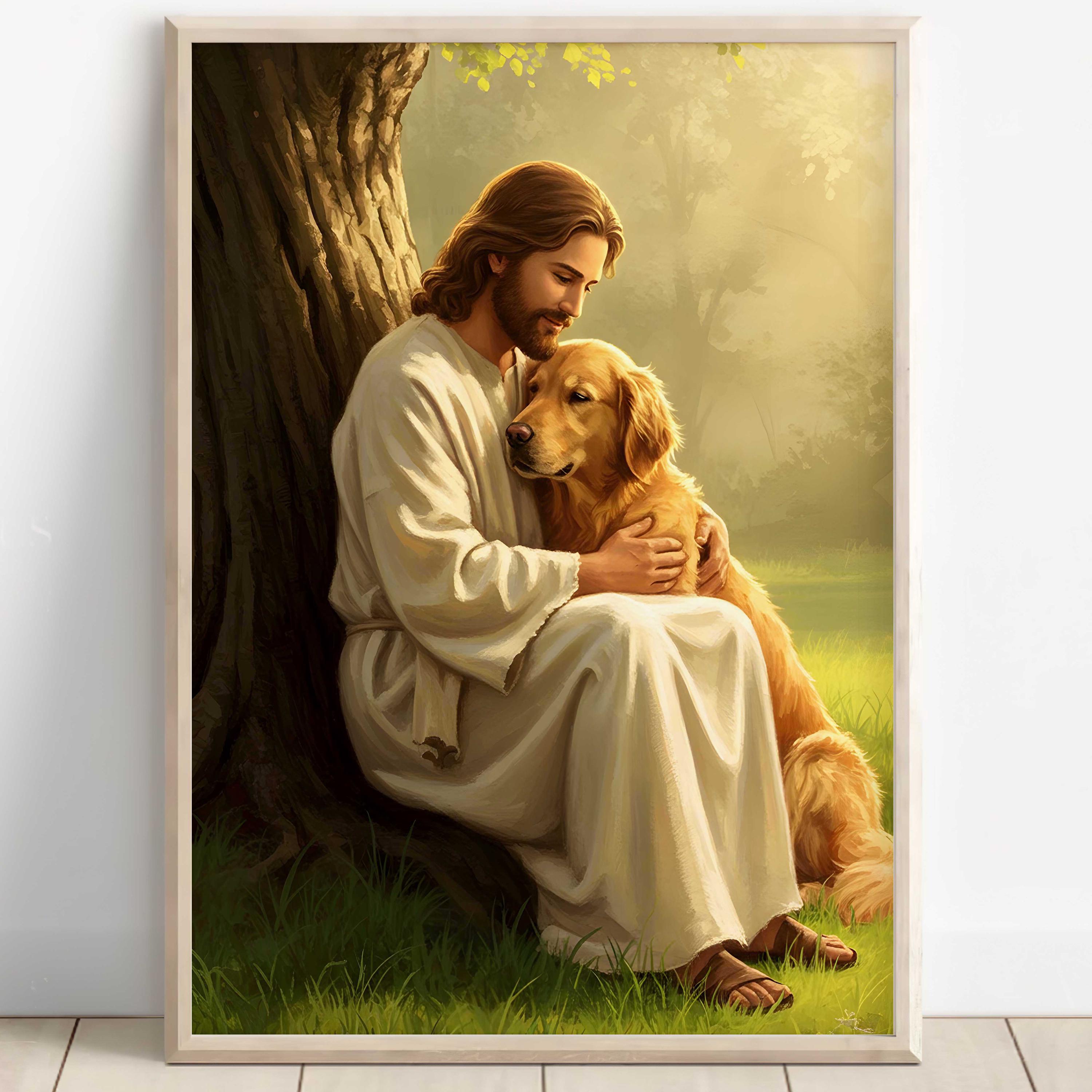 Christian Art, Jesus Hugging Golden Retriever, Jesus Christ With Dog ...