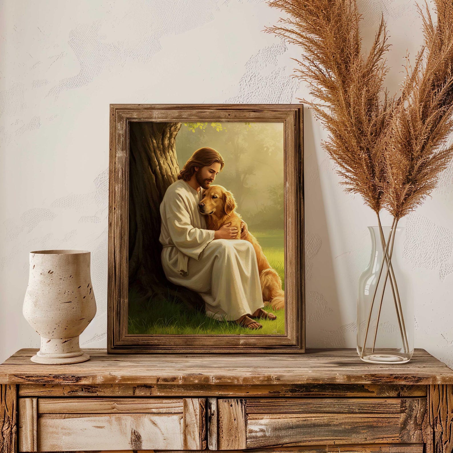 Christian Art, Jesus Hugging Golden Retriever, Jesus Christ With Dog ...