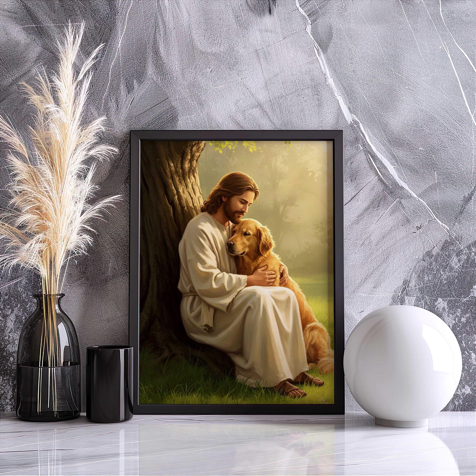 Christian Art, Jesus Hugging Golden Retriever, Jesus Christ With Dog ...