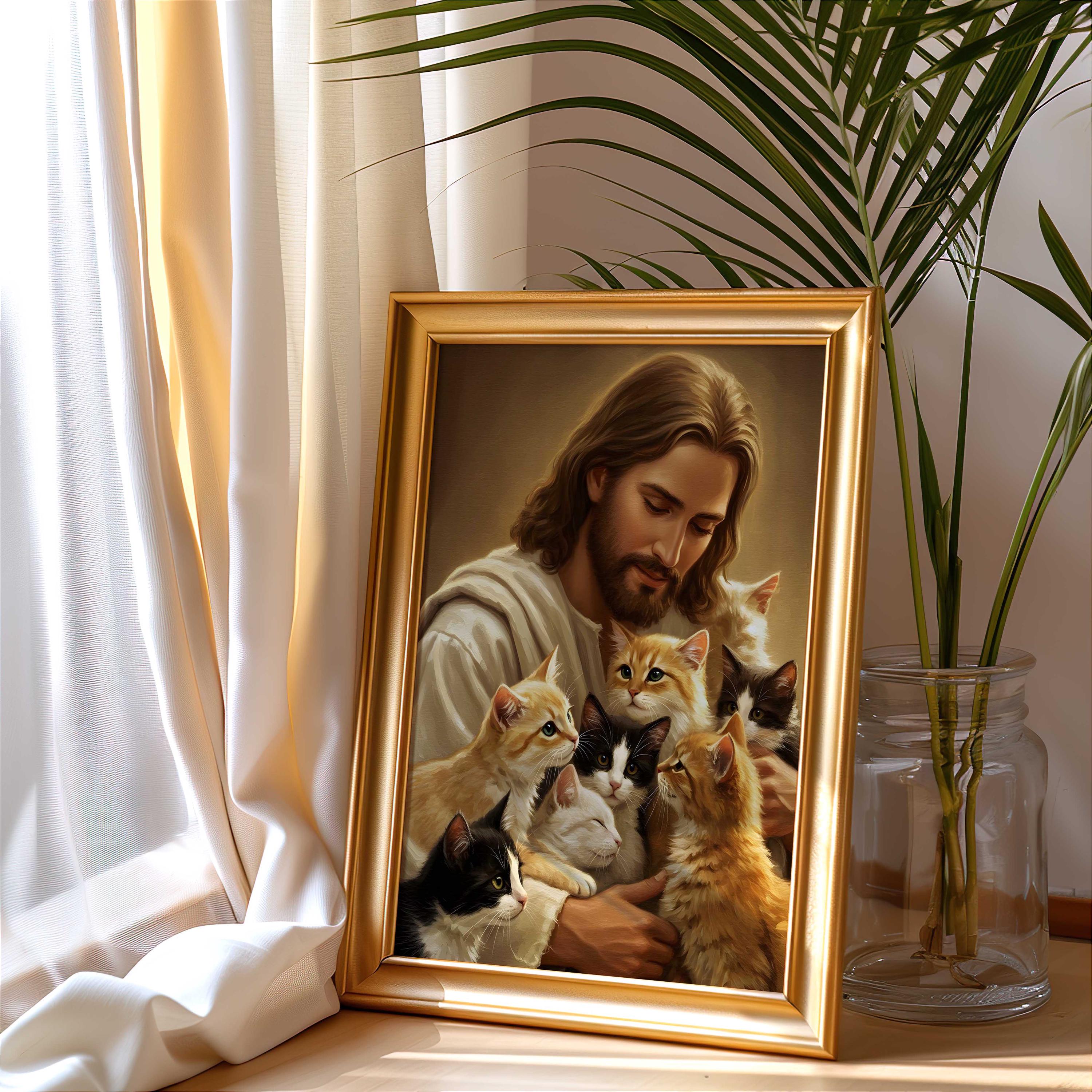 Christian Art, Jesus Hugging Cats, Jesus Christ With Cats, Bible Art ...