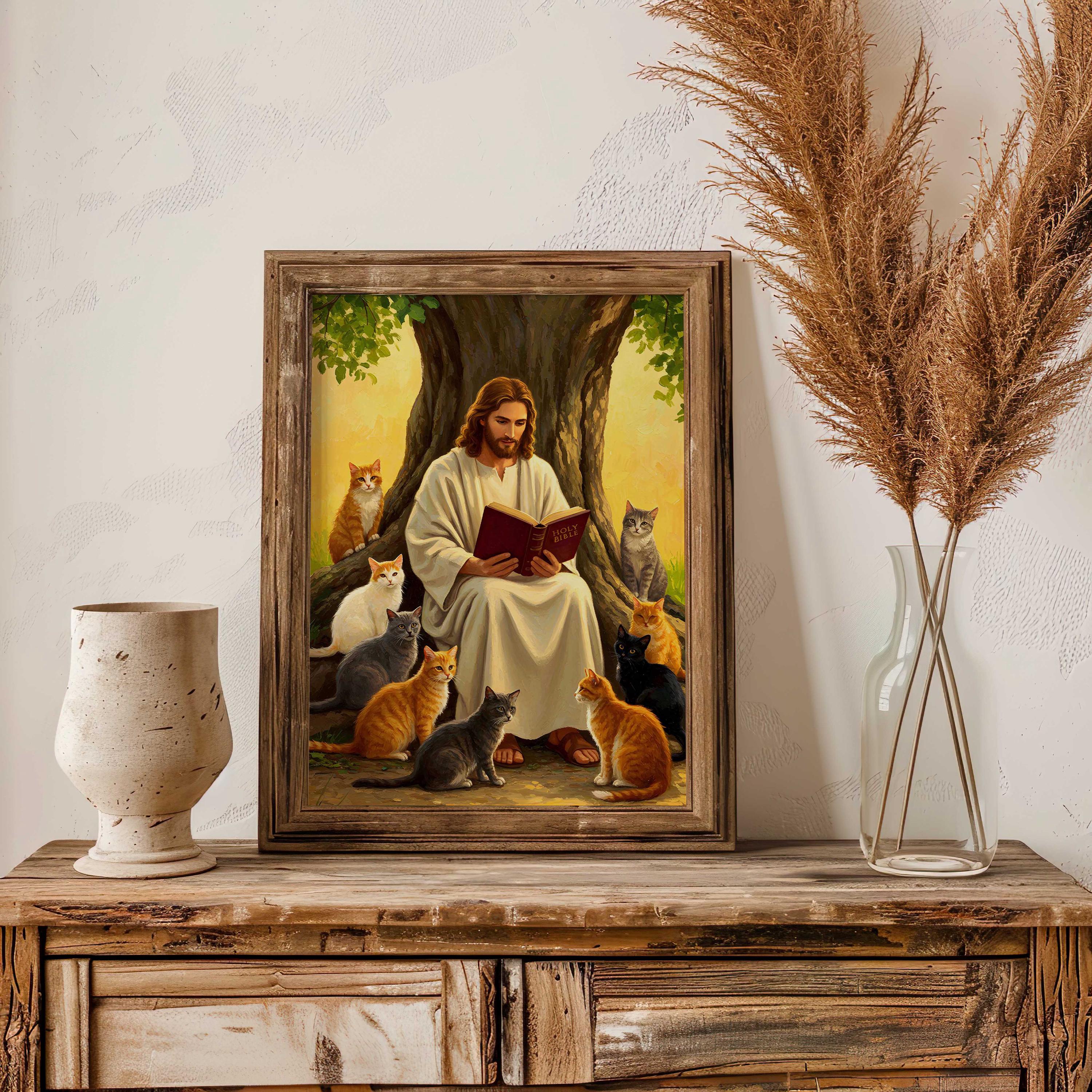 Christian Art, Jesus Reading to Cats, Jesus Christ With Cats, Bible Art ...
