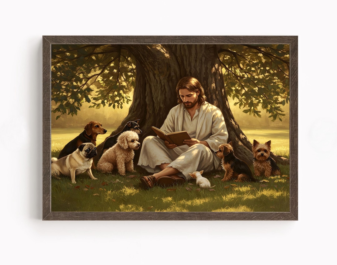Christian Art, Jesus Reading to Dogs, Jesus Christ With Dogs, Bible Art ...