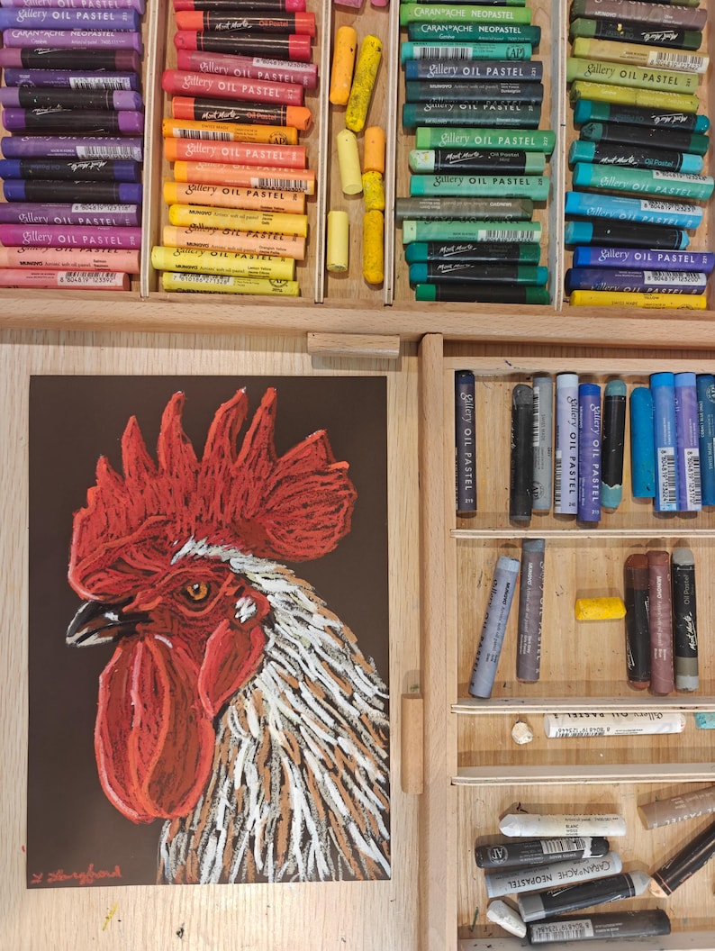 Original Rooster Oil Pastel Drawing | 7.2x10" Vibrant Farmhouse Artwork ...
