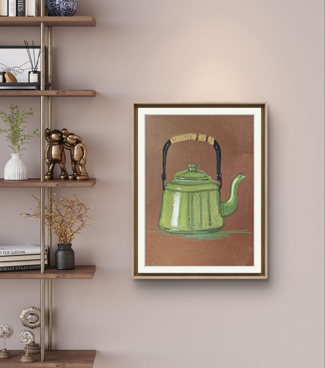 Original Oil Pastel Drawing of Green Teapot Handcrafted Art Tea Lover ...