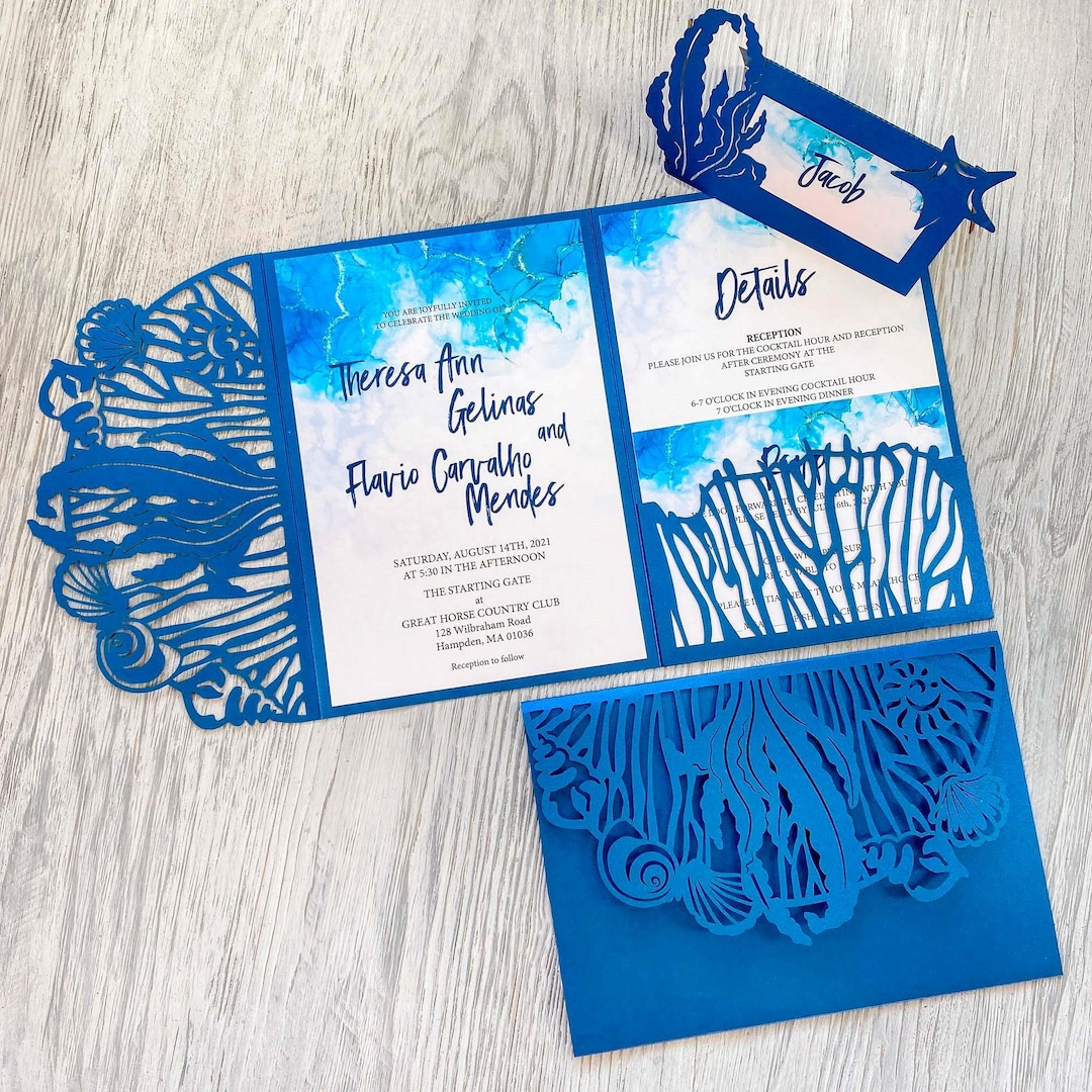 Ocean Invitation Svg Template Tri-fold Cricut & Blue Place Card Set ...