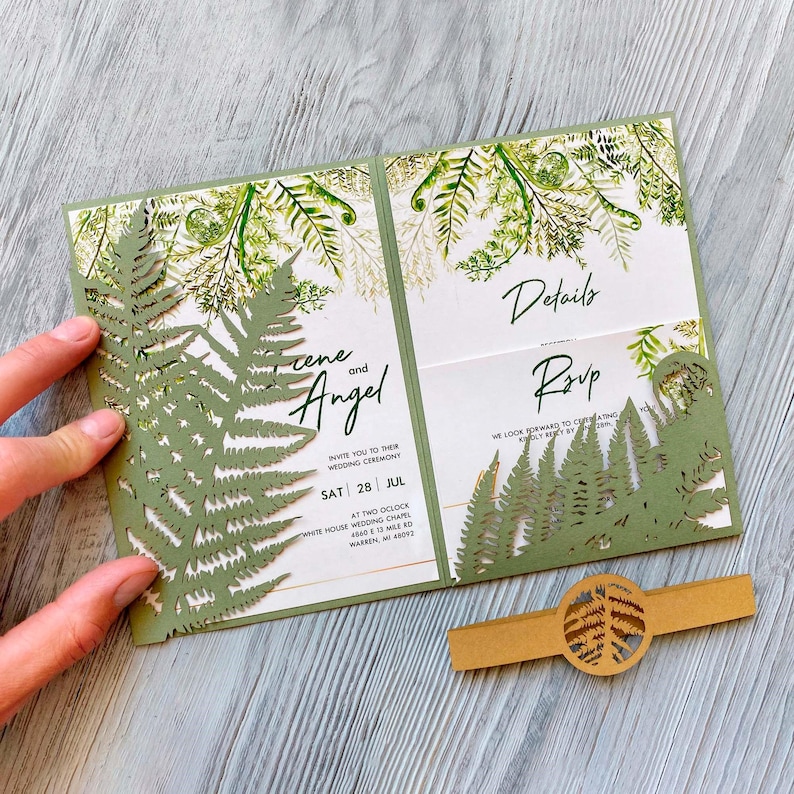Svg Fern Template Tri-fold Pocket Wedding Invitation, 5x7 Envelope ...