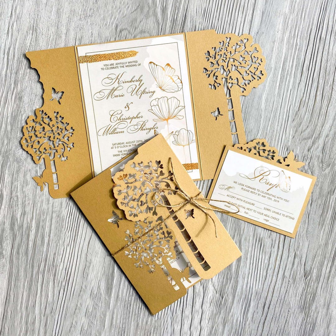 Rustic Tree Gatefold Wedding Invitation Template Svg With Butterflies ...