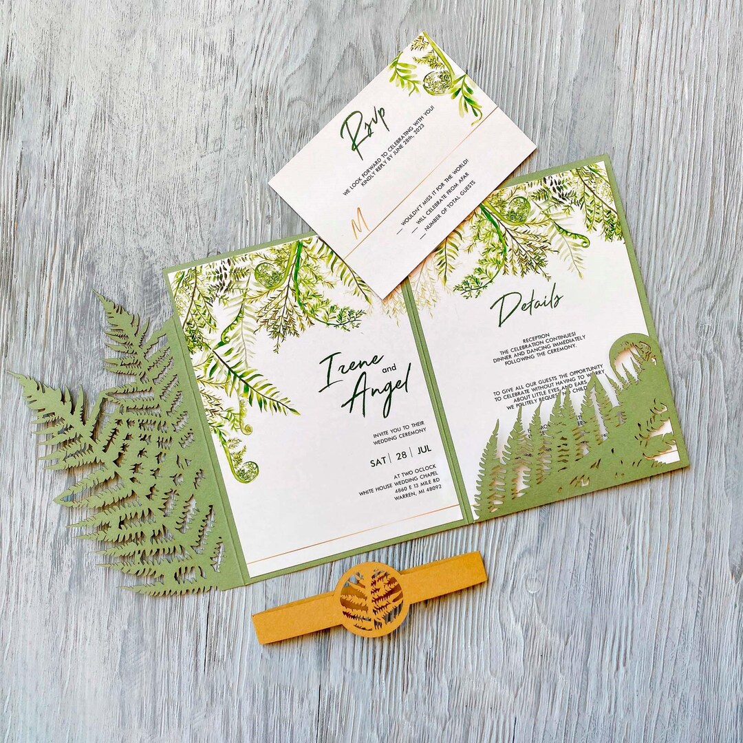 Svg Fern Template Tri-fold Pocket Wedding Invitation, 5x7 Envelope ...