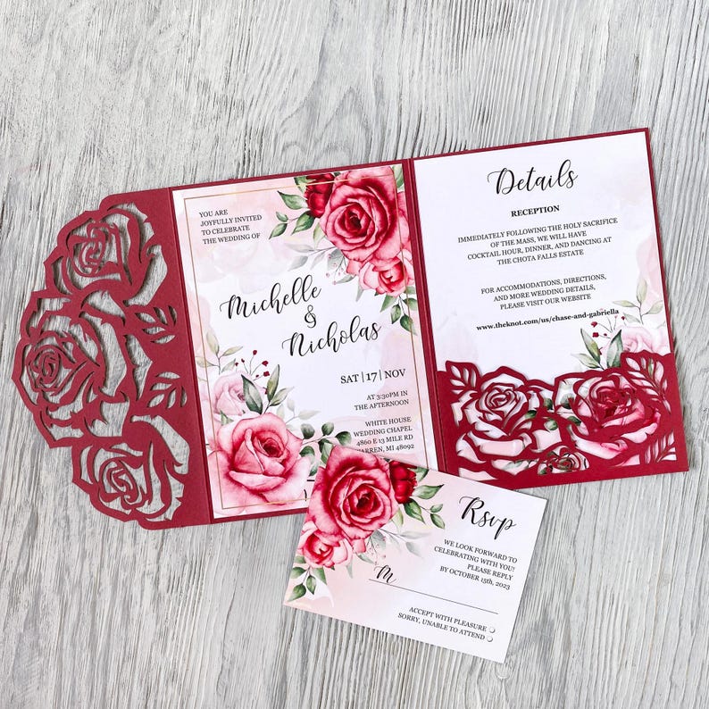 Svg Wedding Invitation Template With Rose Flowers, Cricut Trifold ...