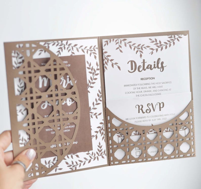Rattan Arch Wedding Invitation Svg Template, Cricut Diy Tri-fold Pocket Invitation Envelope ...