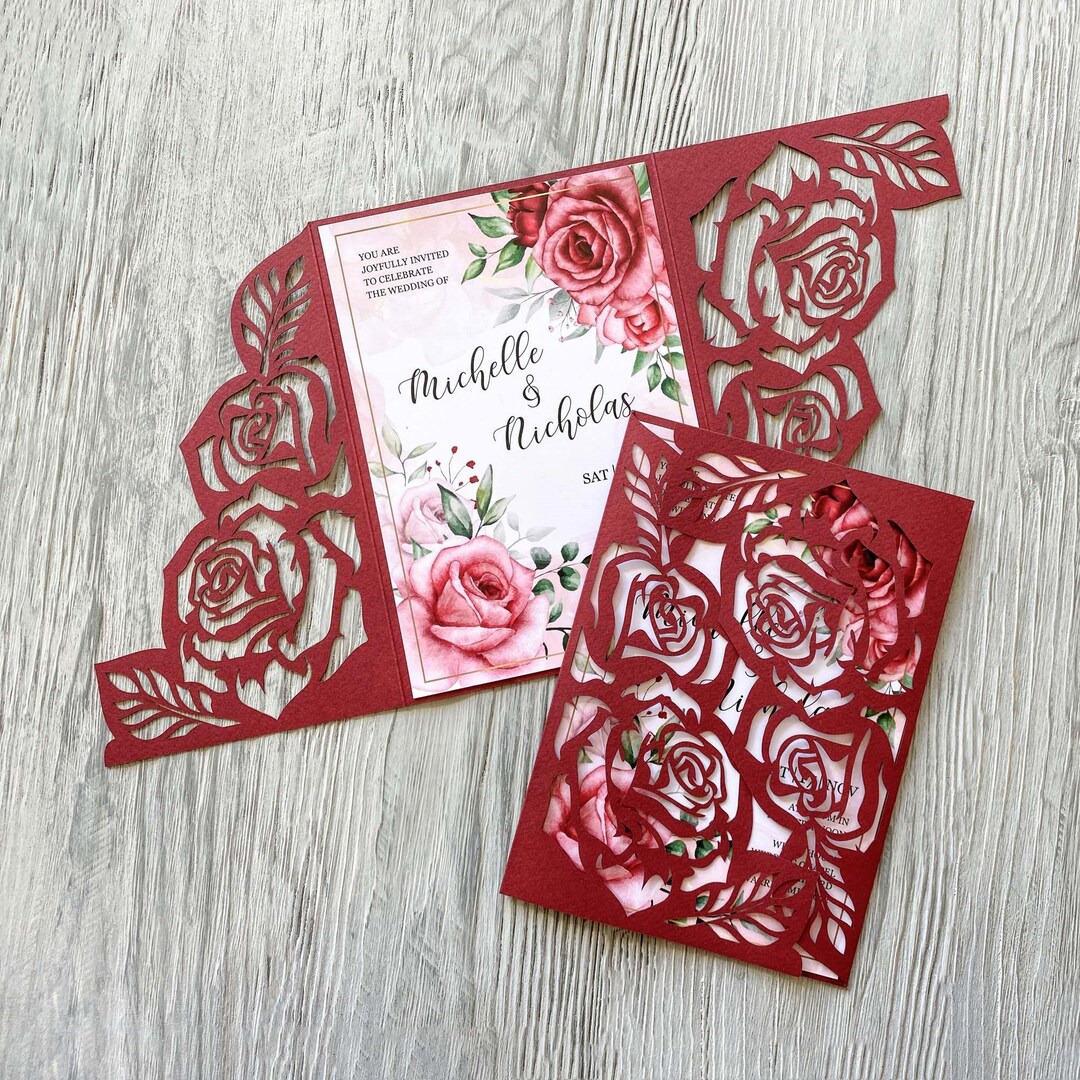 Svg Rose Flowers Gate-fold Invitation Template With Rsvp Card, Cricut ...