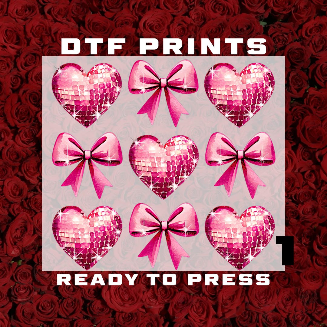 Glitter Effect Heart and Coquette Bows DTF Transfers, Valentines Ready ...