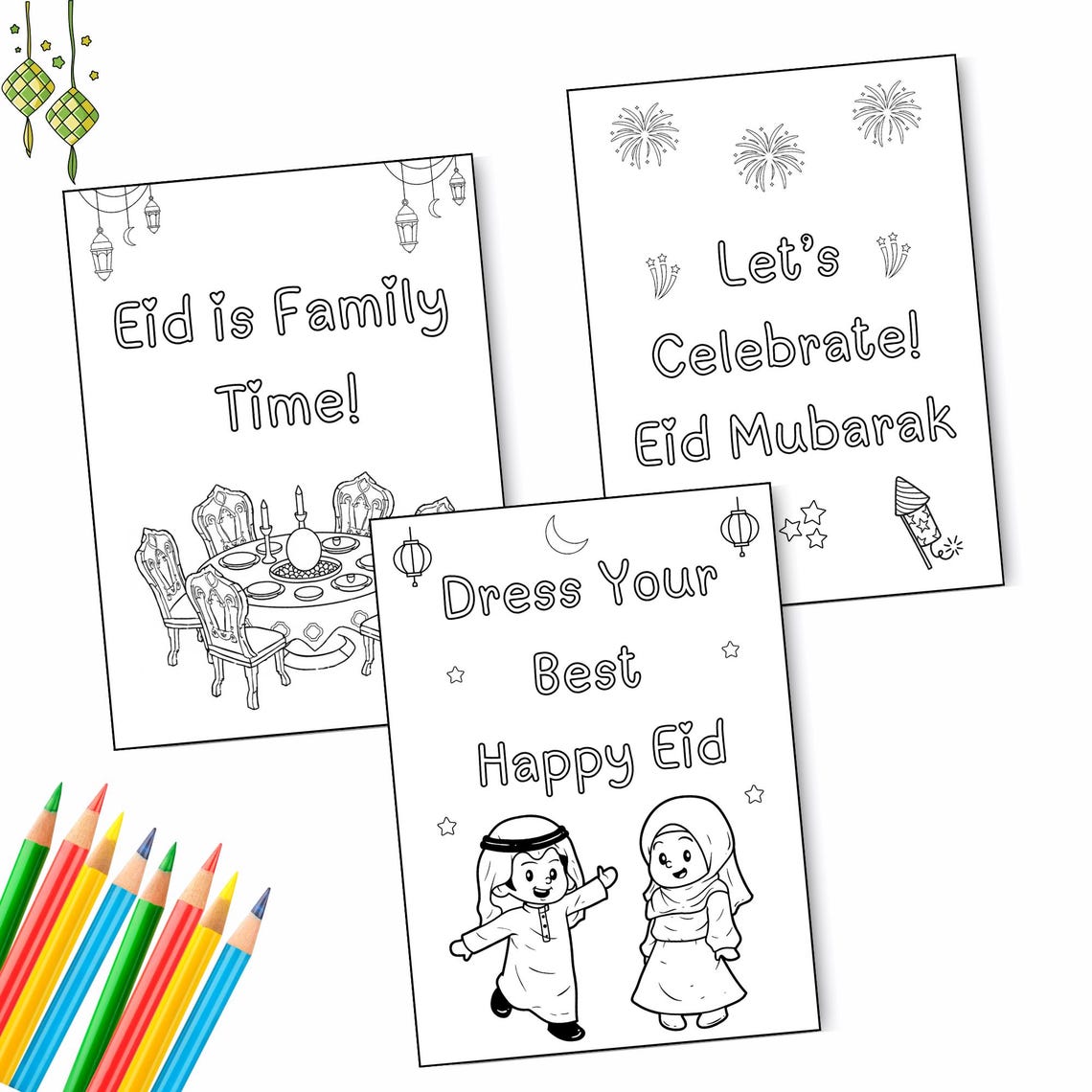 Eid Coloring Cards for Kids-13 Eid Mubarak Cards-muslim Holiday -eid ...