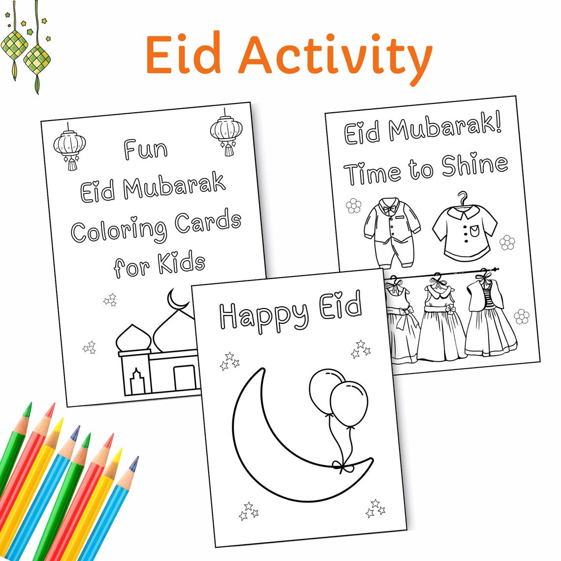 Eid Coloring Cards for Kids-13 Eid Mubarak Cards-muslim Holiday -eid ...