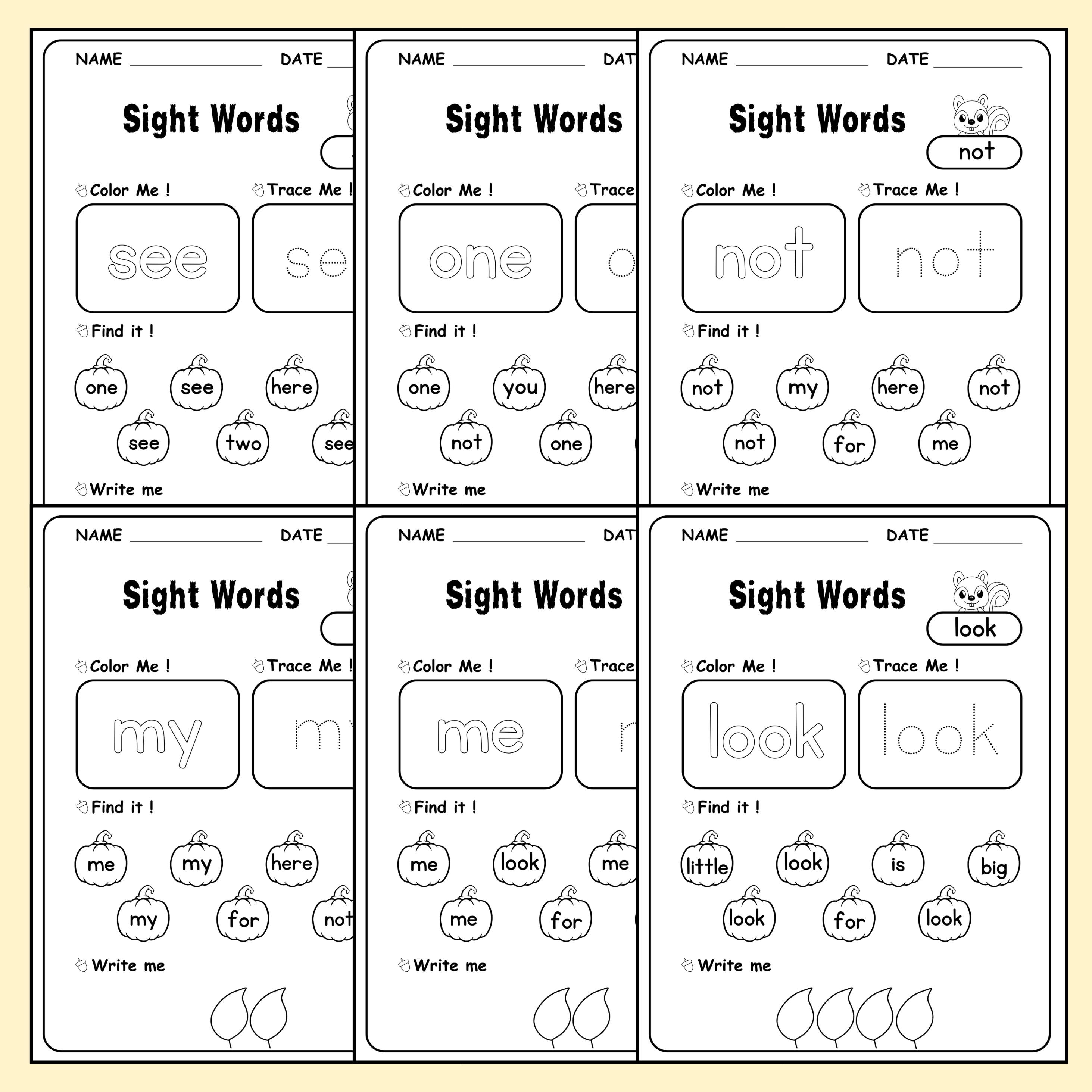 Fall Sight Word Worksheets - Pre-primer Dolch Words - Autumn Literacy ...