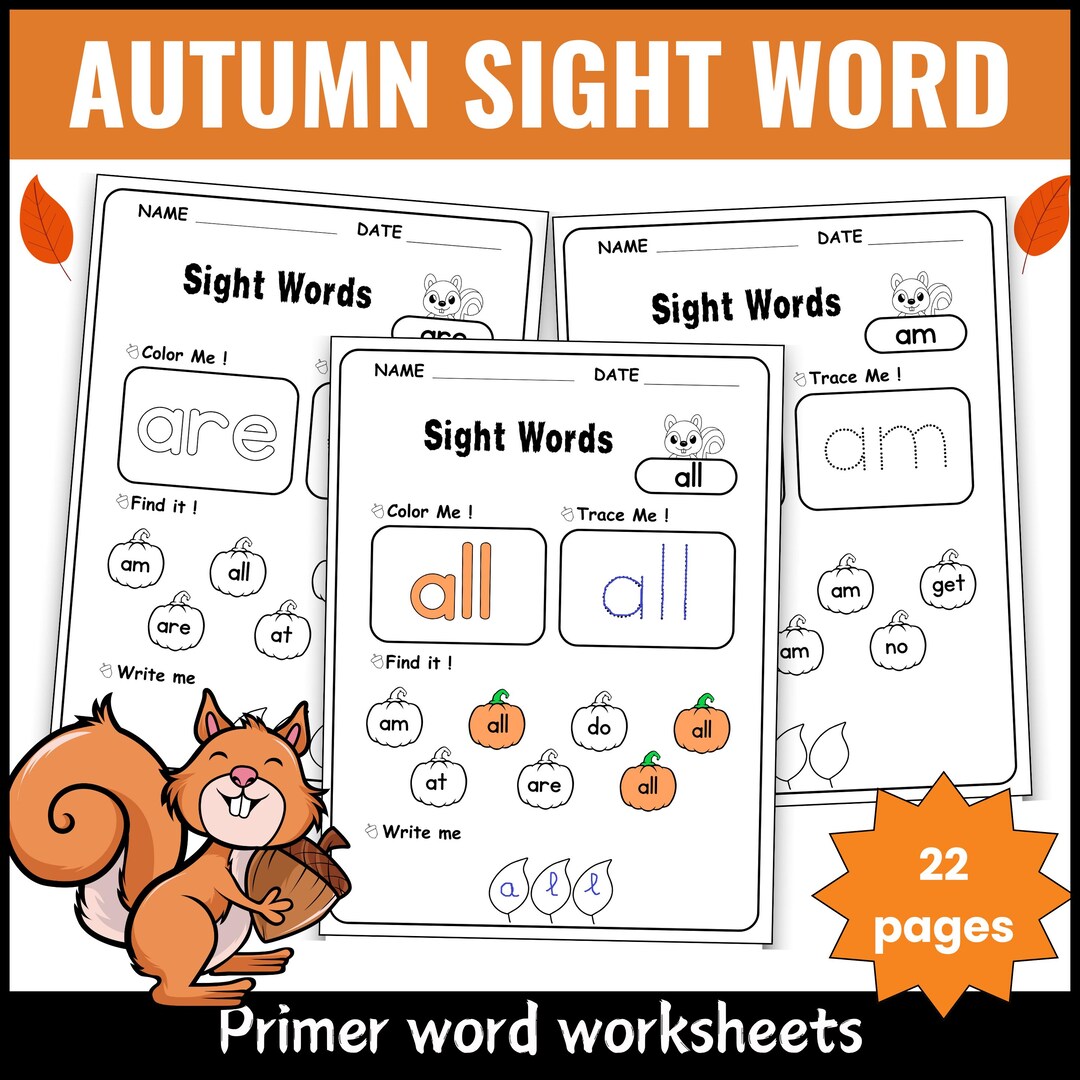 Fall Sight Word Worksheets - Primer Dolch Words - Autumn Literacy ...