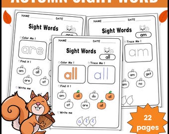Fall Sight Word Worksheets - Pre-primer Dolch Words - Autumn Literacy ...