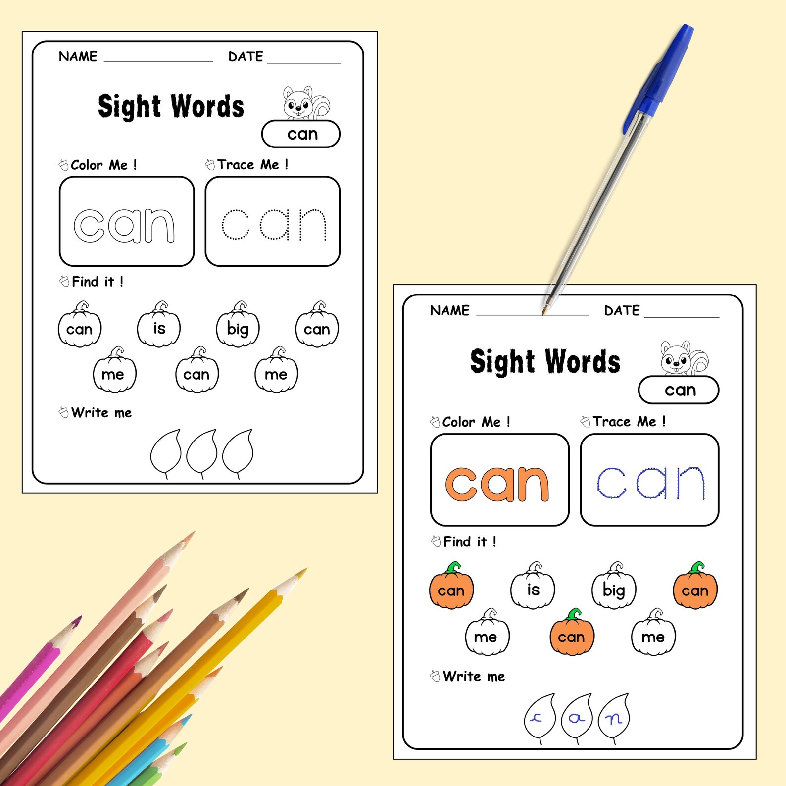 Fall Sight Word Worksheets - Pre-primer Dolch Words - Autumn Literacy ...