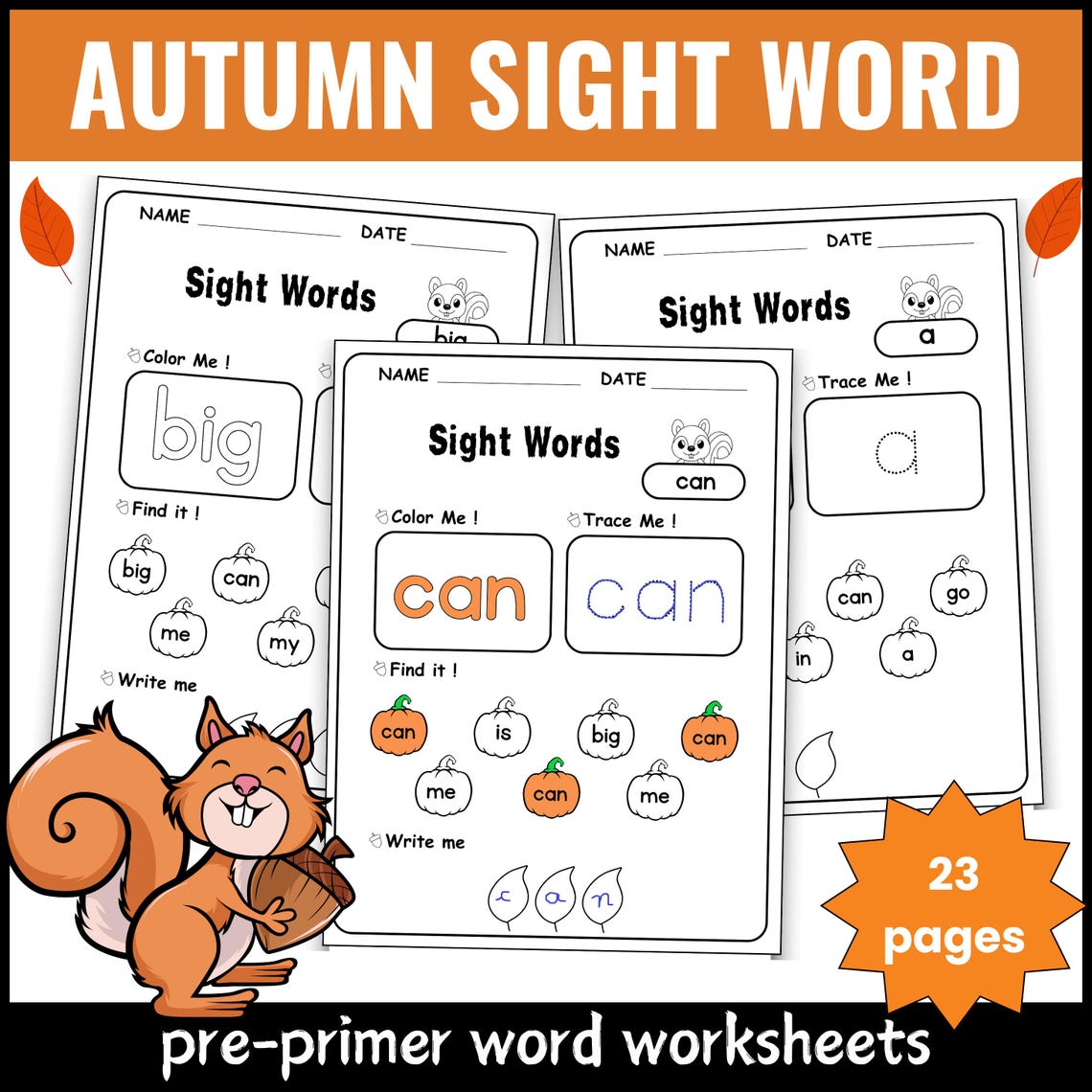 Fall Sight Word Worksheets - Pre-primer Dolch Words - Autumn Literacy ...