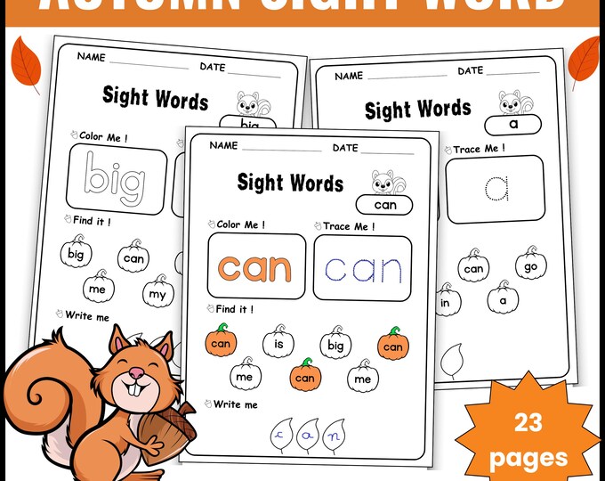 Fall Sight Word Worksheets - Pre-primer Dolch Words - Autumn Literacy ...