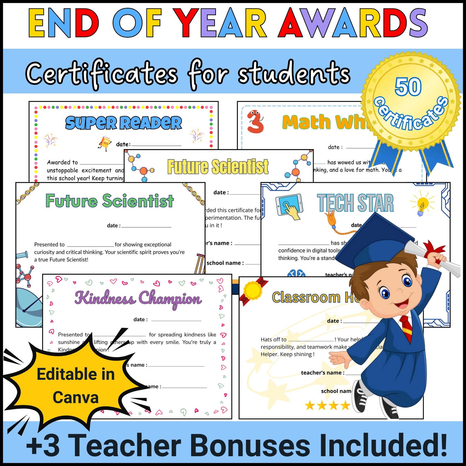 50 Editable End-of-year Student Awards - Classroom Awards - Character ...