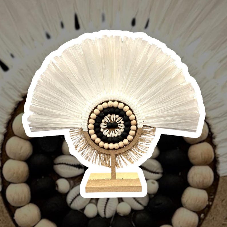 White Raffia Tribal Fan Sculpture – Shell and Wood Bead Decor on Stand ...