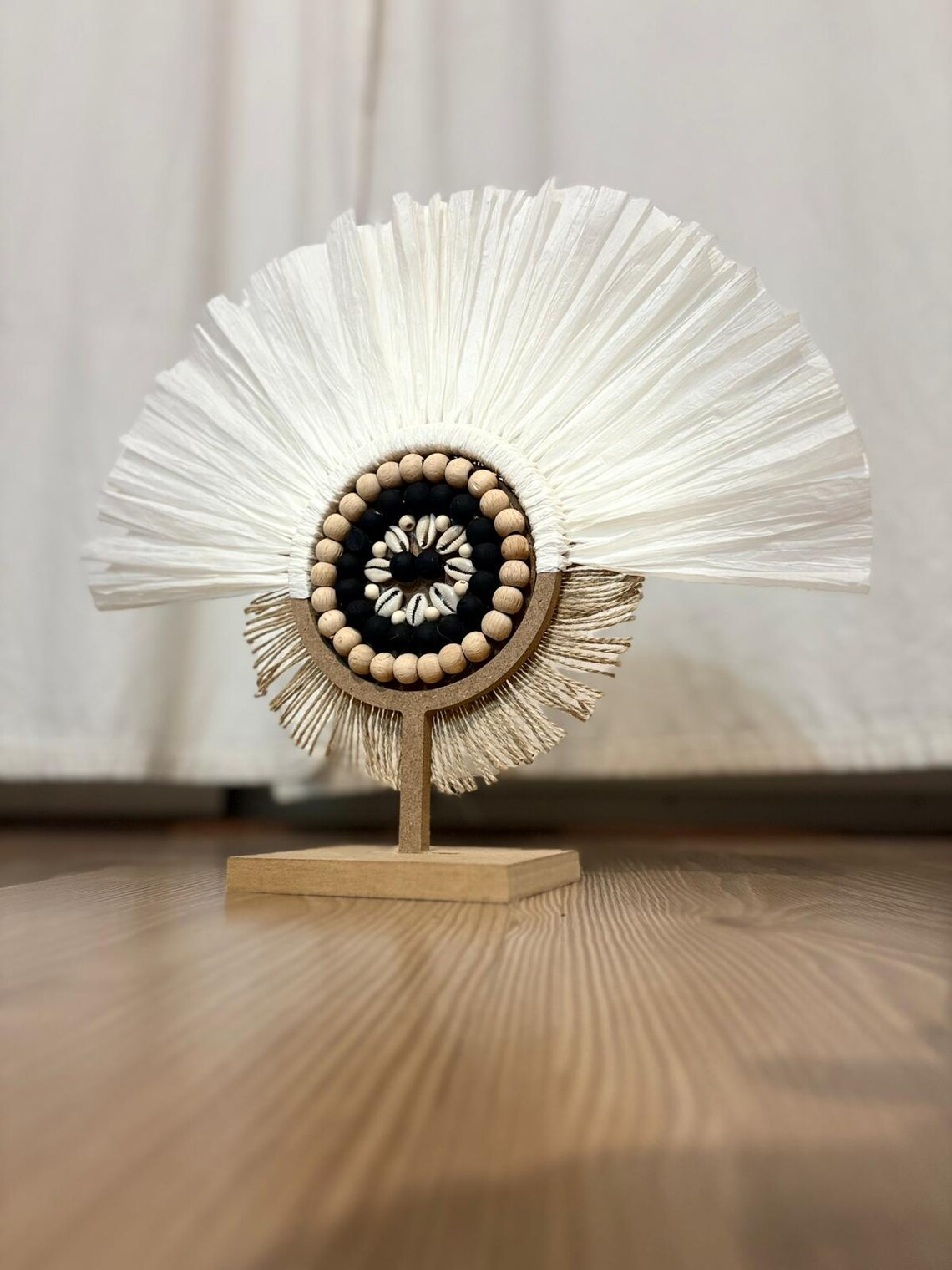 White Raffia Tribal Fan Sculpture – Shell and Wood Bead Decor on Stand ...