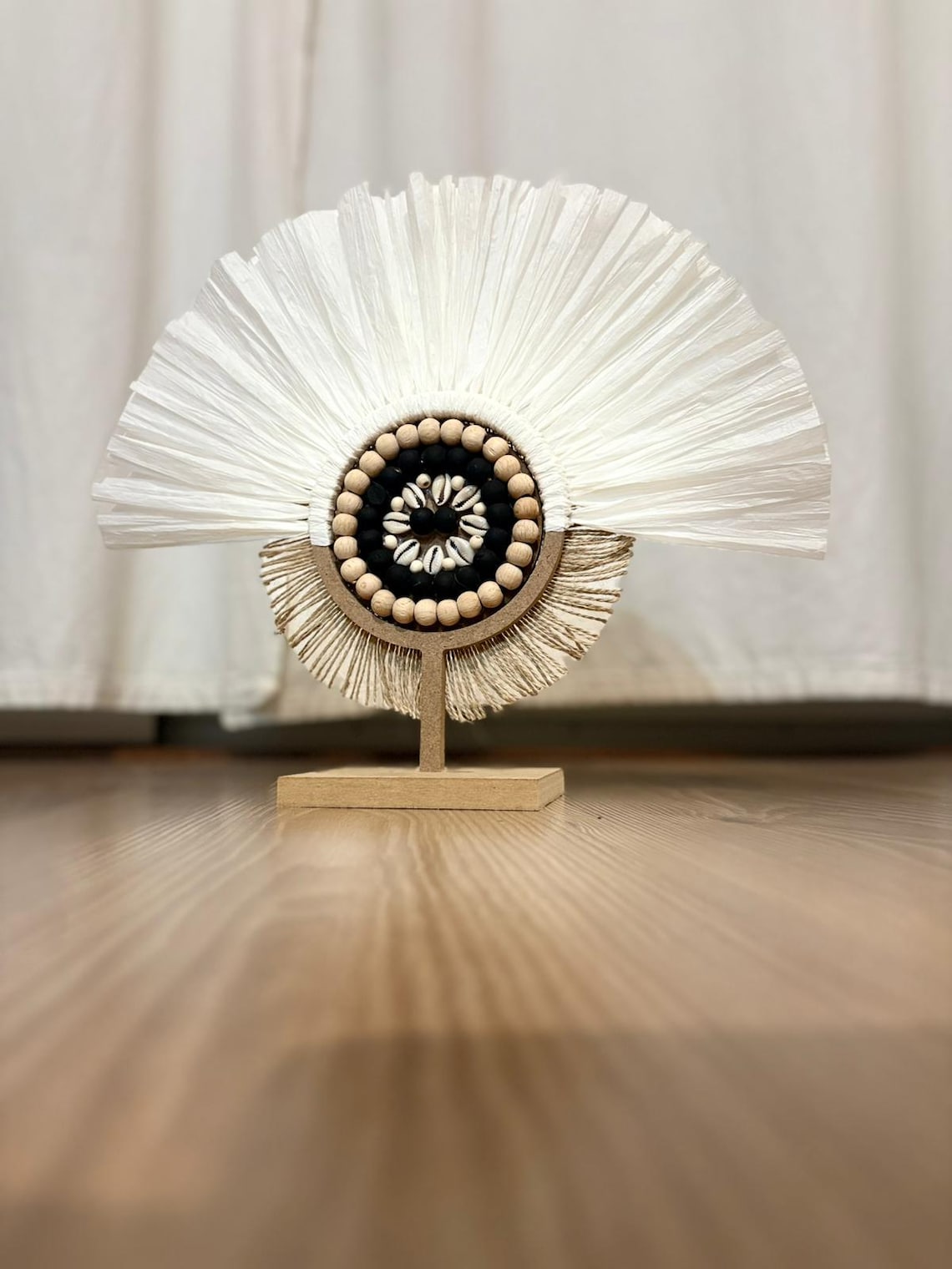 White Raffia Tribal Fan Sculpture – Shell and Wood Bead Decor on Stand ...