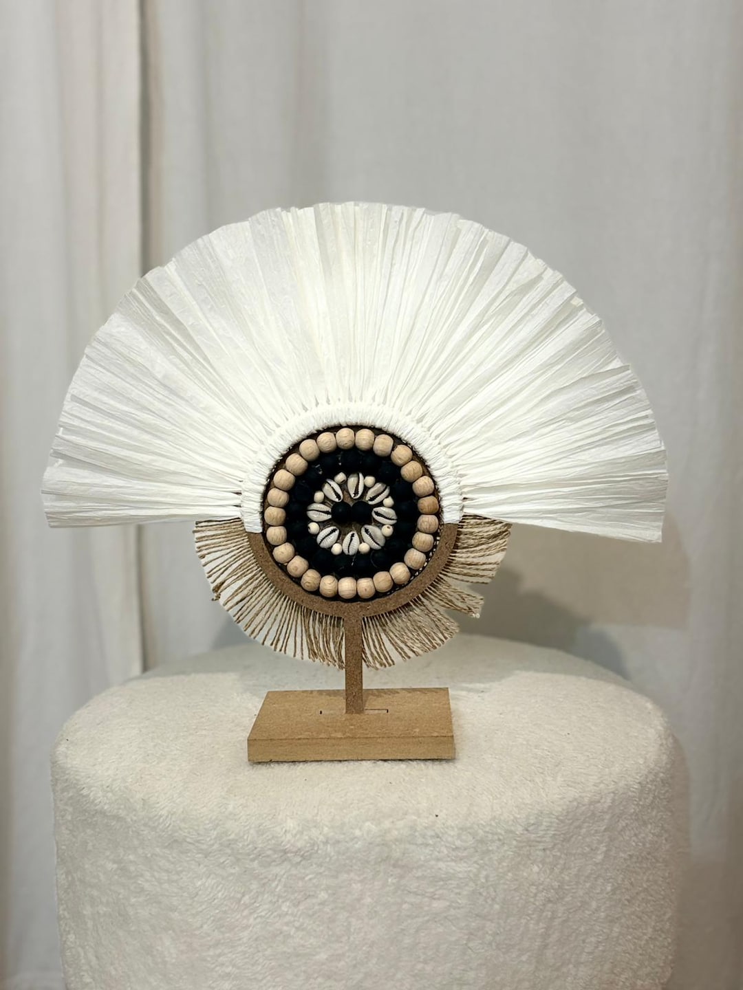 White Raffia Tribal Fan Sculpture – Shell and Wood Bead Decor on Stand ...