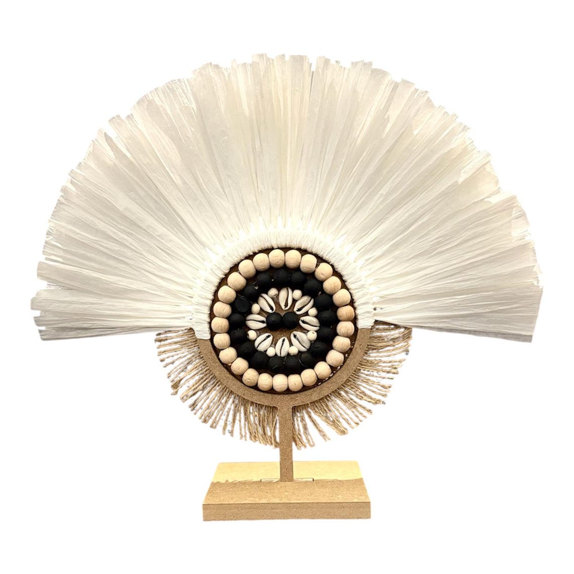 White Raffia Tribal Fan Sculpture – Shell and Wood Bead Decor on Stand ...