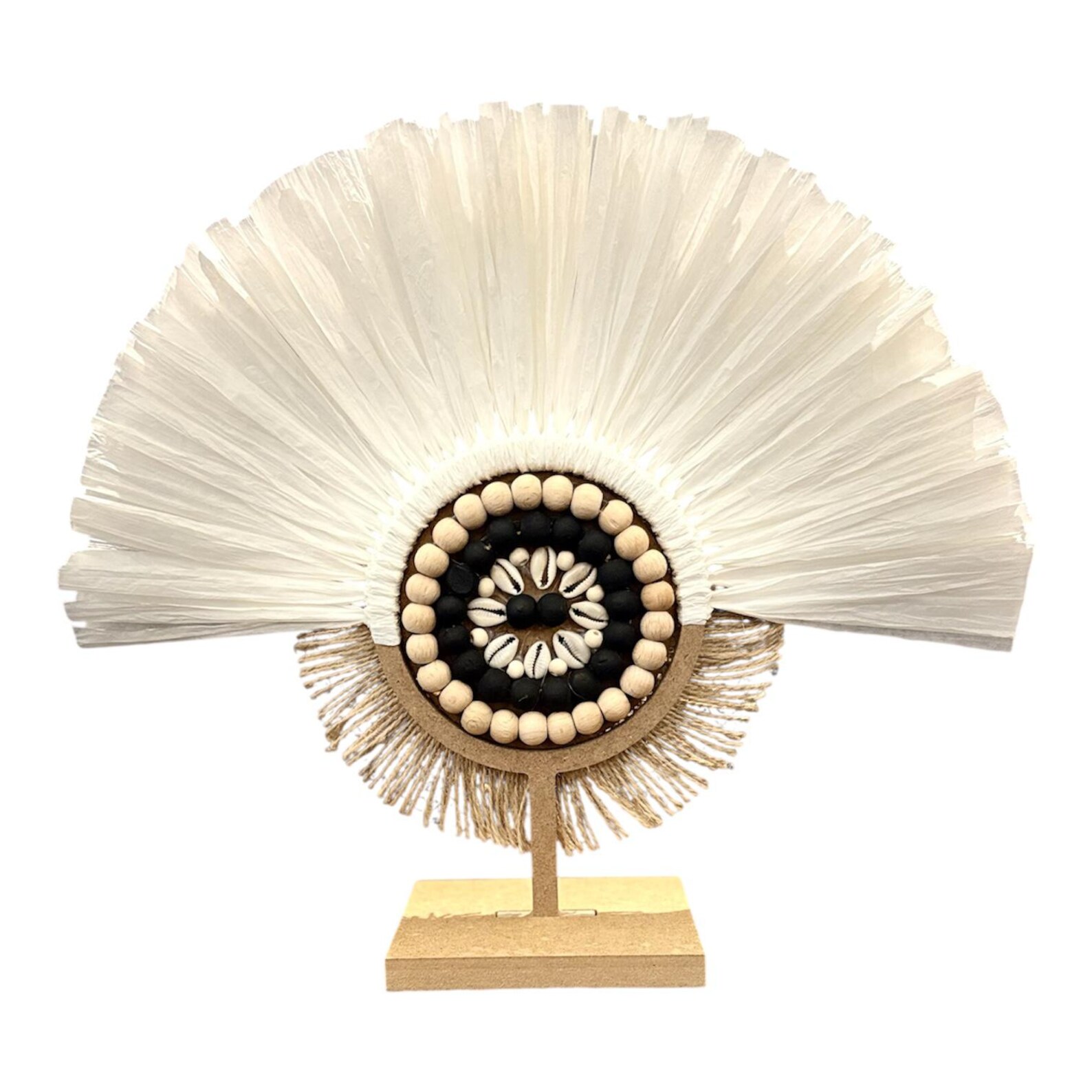 White Raffia Tribal Fan Sculpture – Shell and Wood Bead Decor on Stand ...